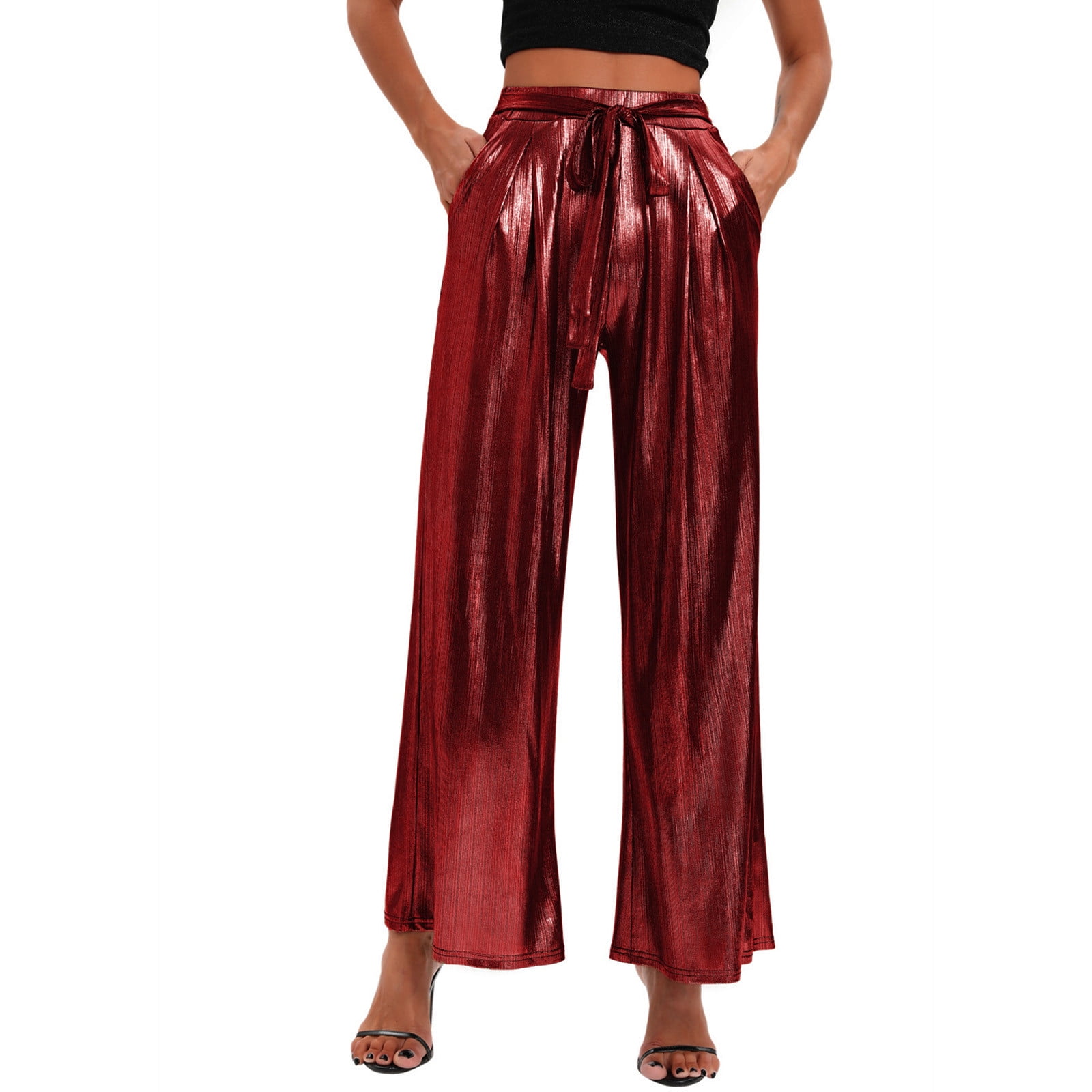QHFBli Womens Metallic Wide Leg Palazzo Pants Rib Pleated Smocked Waist ...