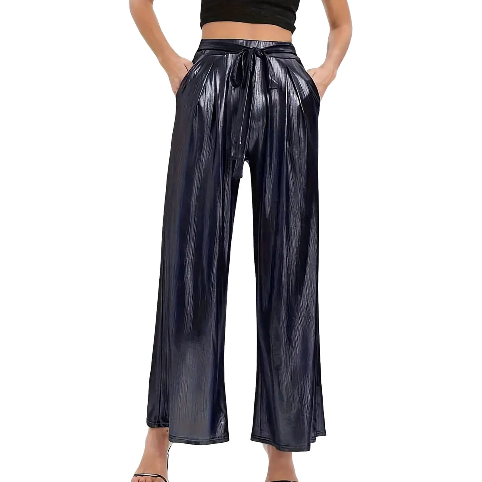 QHFBli Womens Metallic Wide Leg Palazzo Pants Rib Pleated Smocked Waist ...