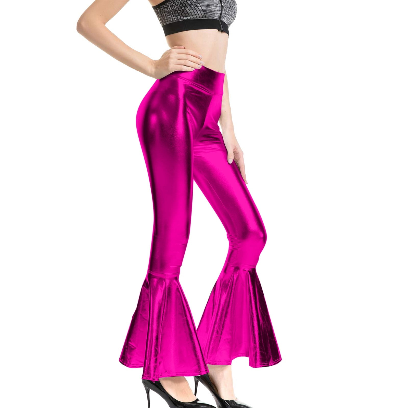 QHFBli Womens Shiny Metallic High Waist Stretchy Jogger Pants, Wet Look ...
