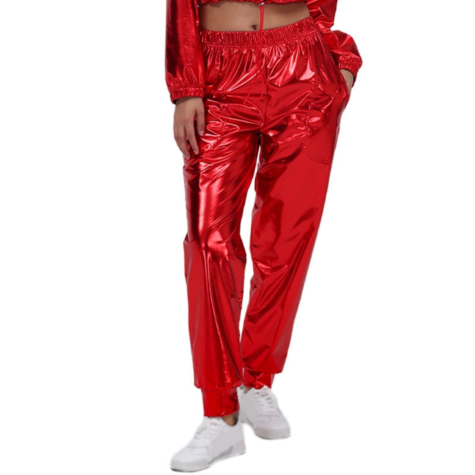 QHFBli Womens Shiny Metallic High Waist Stretchy Jogger Pants, Wet Look ...