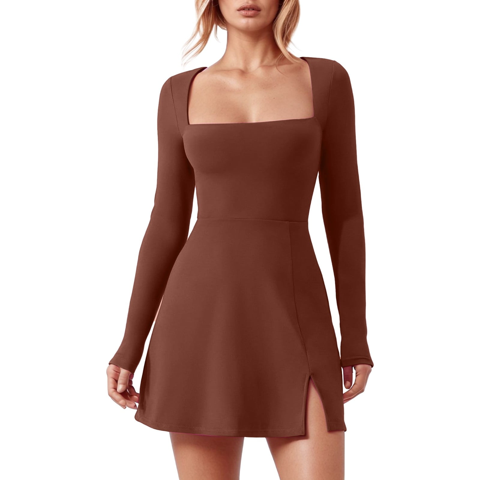QHFBli Womens Square Neck Bodice Dress Long Sleeve Side Slit Flare Mini ...