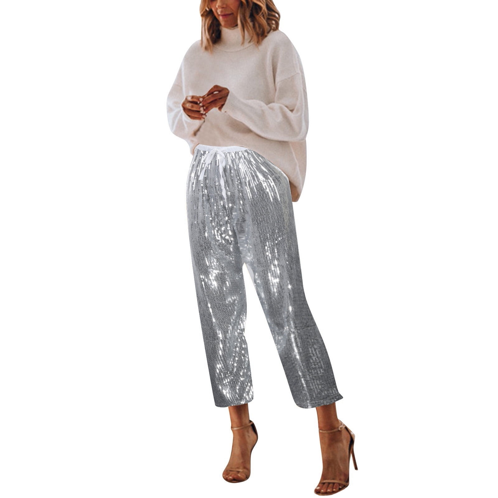 QHFBli Womens Wide Leg Sparkle Sequin Pants Elastic High Waisted Bling ...