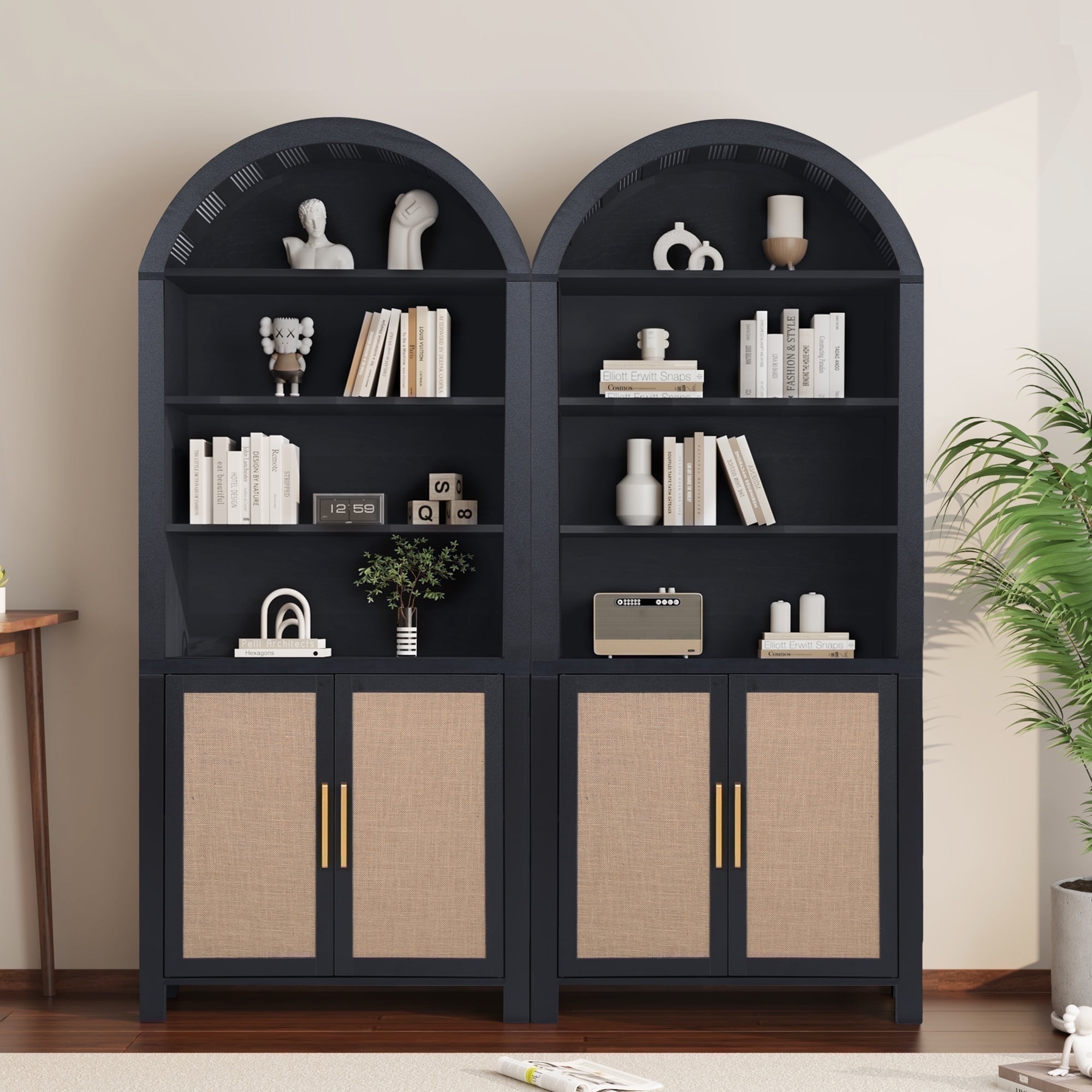 LEFHDA 2PCS 71" Tall Bookshelf, Arched Bookcase with Doors, Mid-Century ...