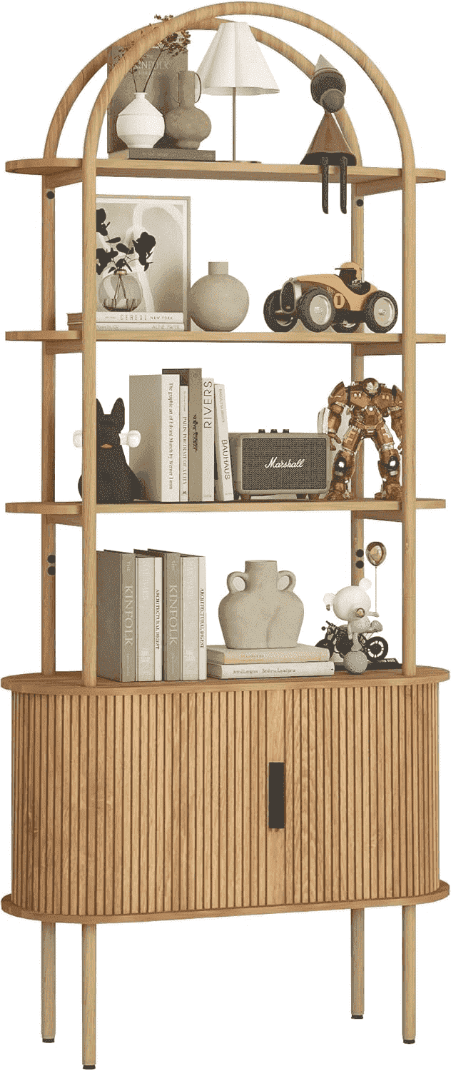 QHITTY 71" Tall Fluted Arched Bookshelf with Sliding Tambour Doors, 4 ...