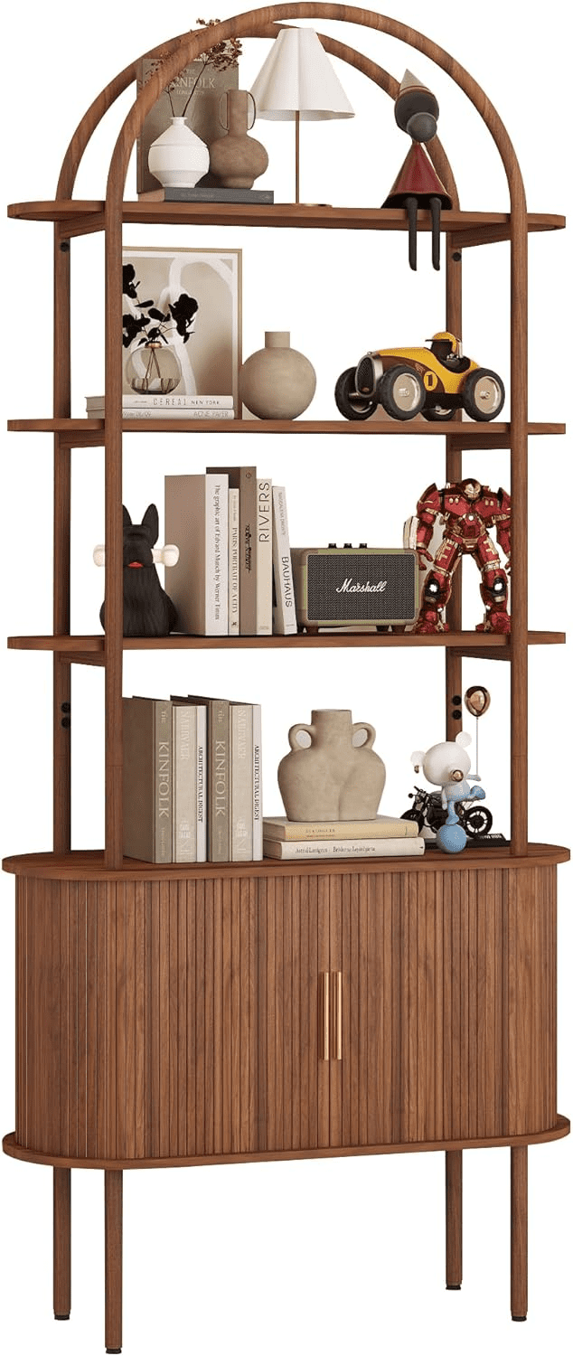 QHITTY 71" Tall Fluted Arched Bookshelf with Sliding Tambour Doors, 4 ...