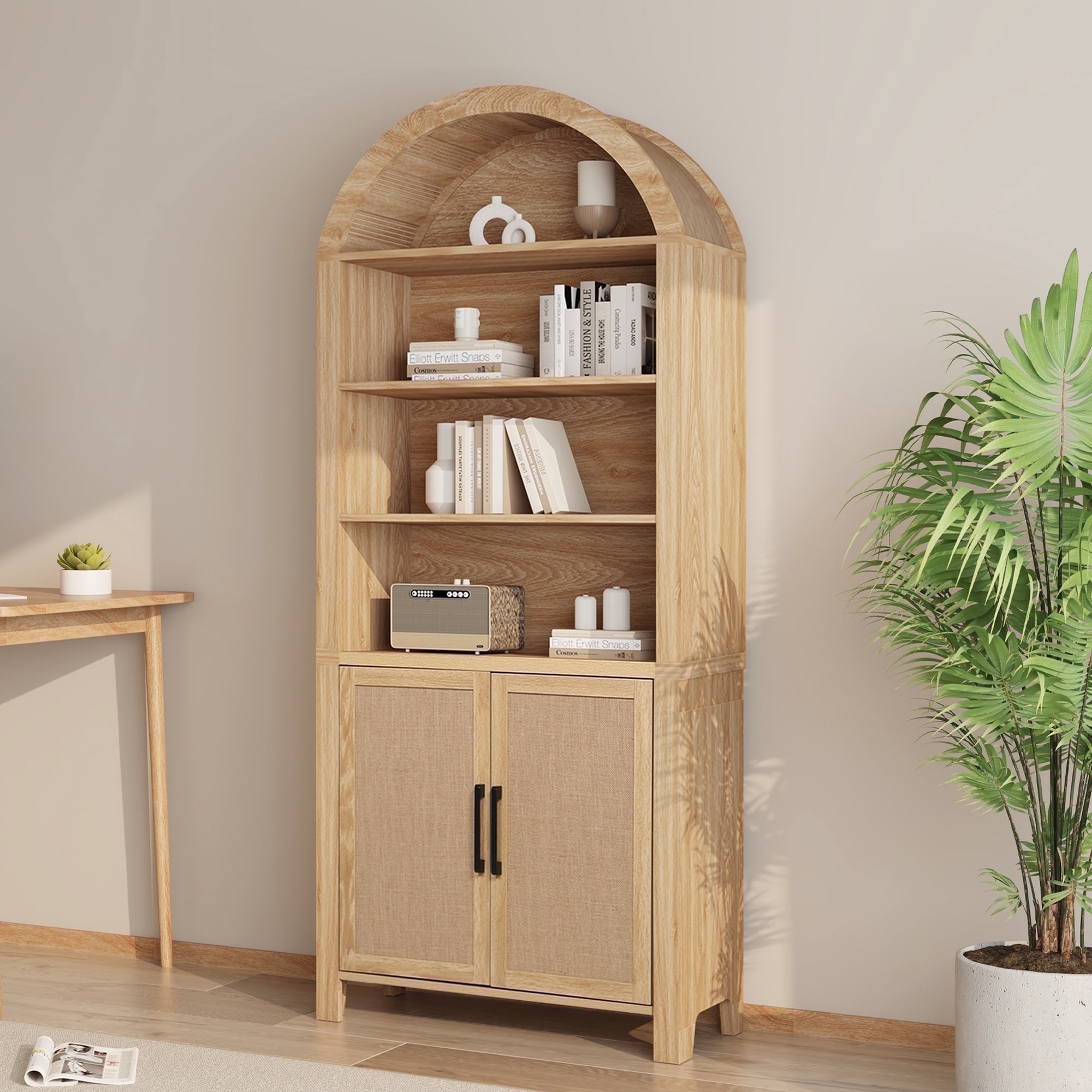 LEFHDA 71" Tall Bookshelf, Arched Bookcase with Doors, Mid-Century ...
