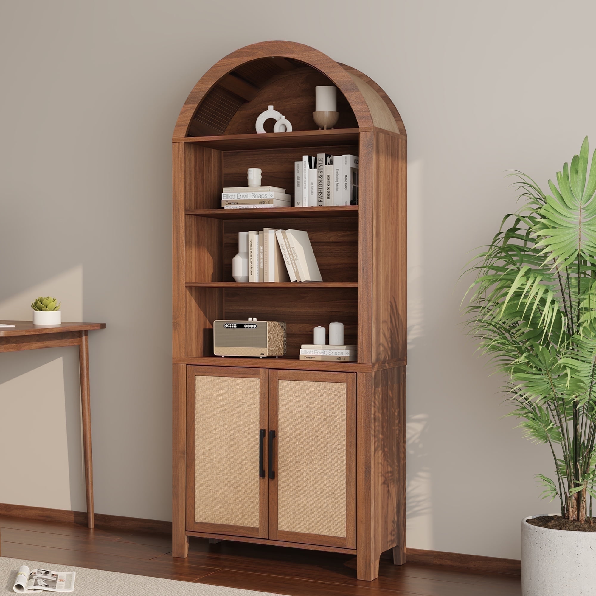 LEFHDA 71" Tall Bookshelf, Arched Bookcase with Doors, Mid-Century ...