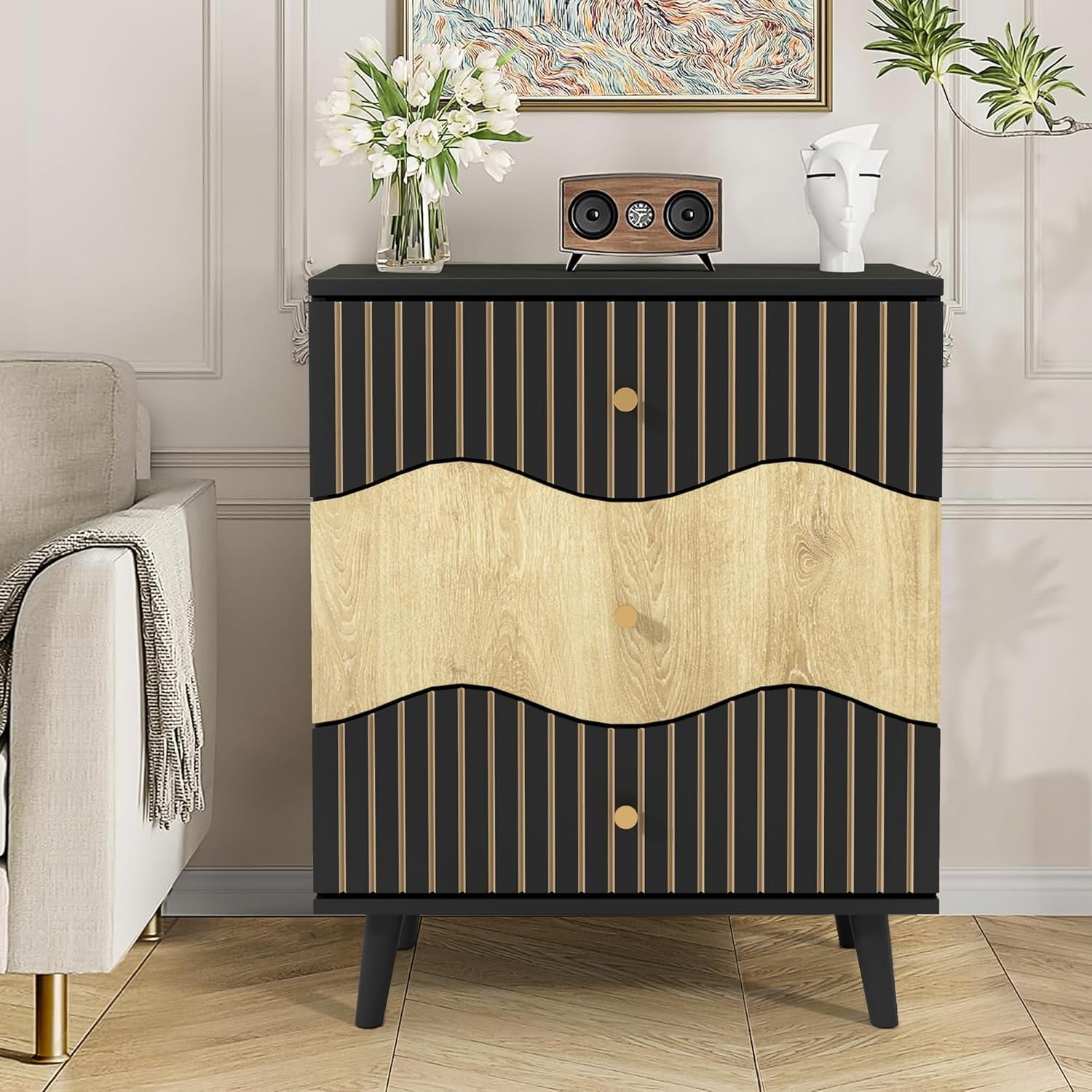 QHITTY Fluted 3 Drawer Dresser for Bedroom, Modern Chest of Curved ...