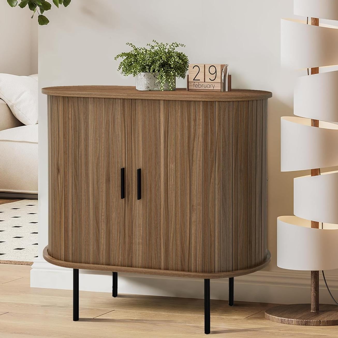 QHITTY Fluted Buffet Sideboard Cabinet with Sliding Tambour Doors, 31.5" Small Mid Century ...