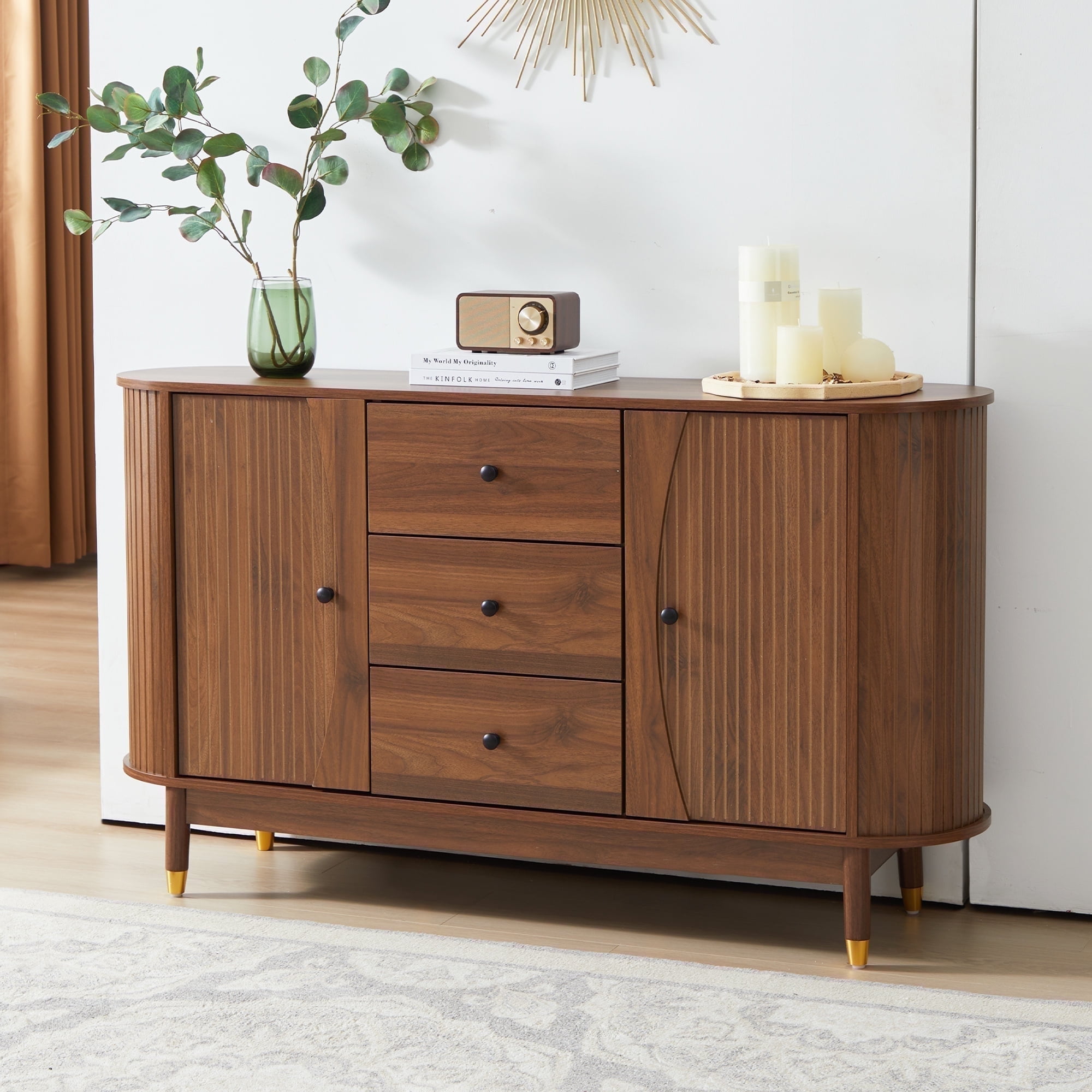LEFHDA Fluted Sideboard Buffet Cabinet with Storage,Oval Curved Edge Sideboard with Drawer,Mid ...