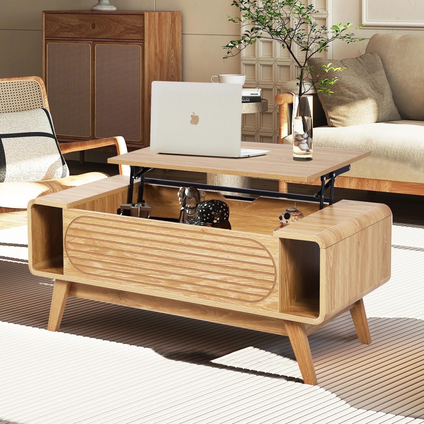 LEFHDA Lift Top Square Coffee Table, 39.3" Small Modern Coffee Table with Storage, Fluted Square ...