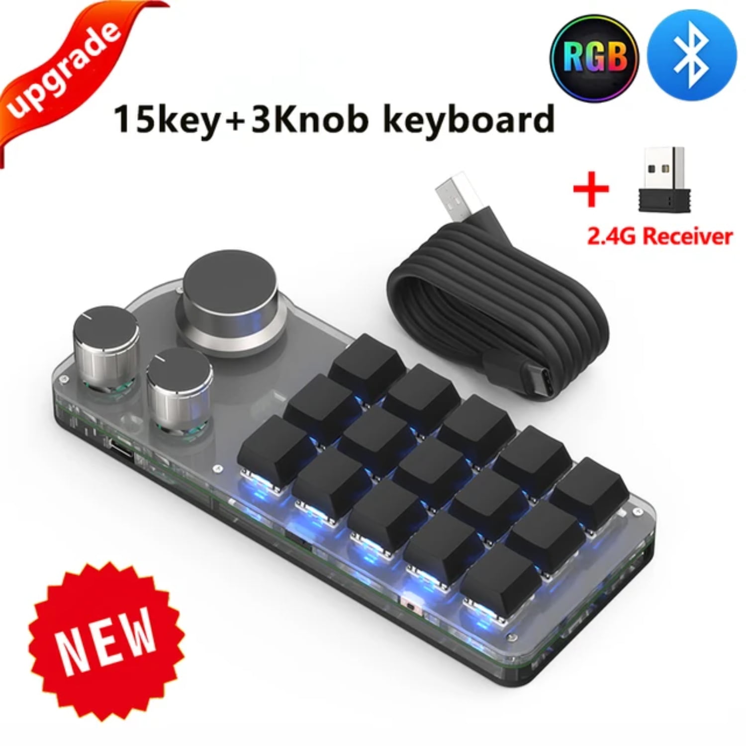 QHNGJZ Programming Macro Custom Keyboard 2.4G/Bluetooth/USB 3 RGB Mechanical Keyboard Gaming DIY ...