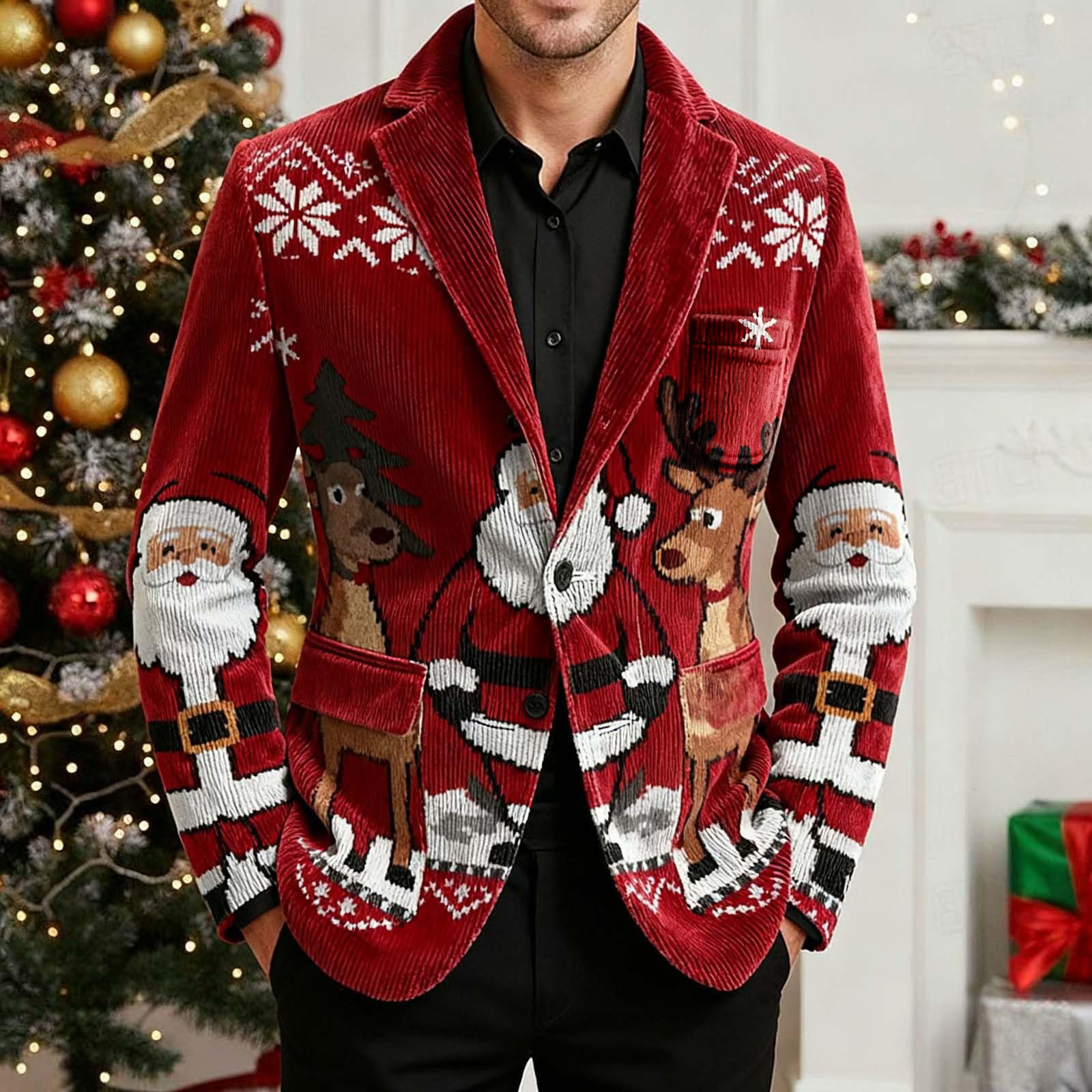 QHRMKOG 2025 Christmas Mens Corduroy Jacket Long Sleeve Santa Print ...