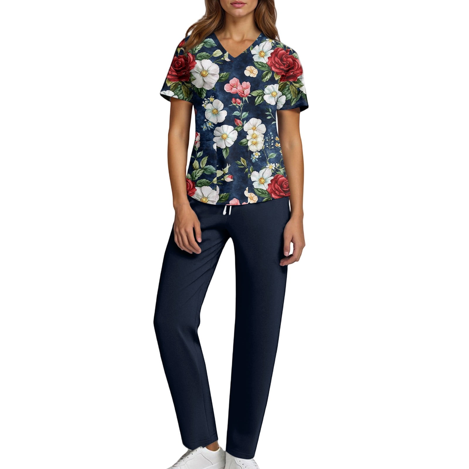 QHRMKOG Dark Blue Scrubs Sets for Women Plus Size Jogger Scrubs Stretchy V-Neck Scrub Tops and ...