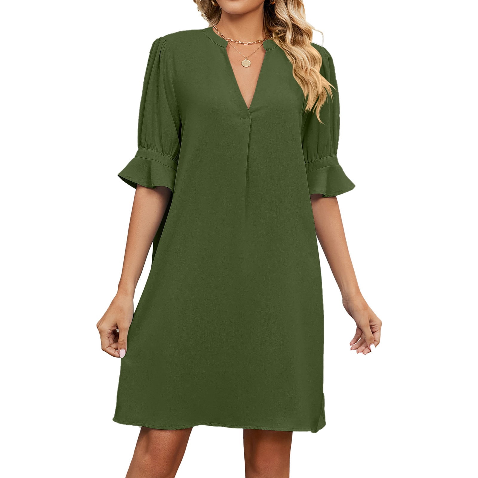QHRMKOG Dresses for Women Summer Basic Color V Neck Half Sleeves ...