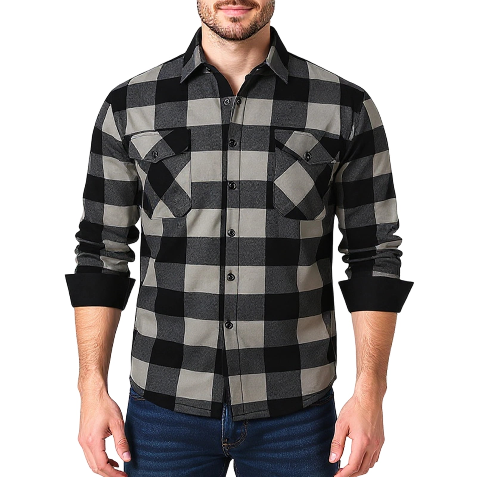 QHRMKOG Flannels for Men Winter Warm Full Length Sleeve Button Down ...