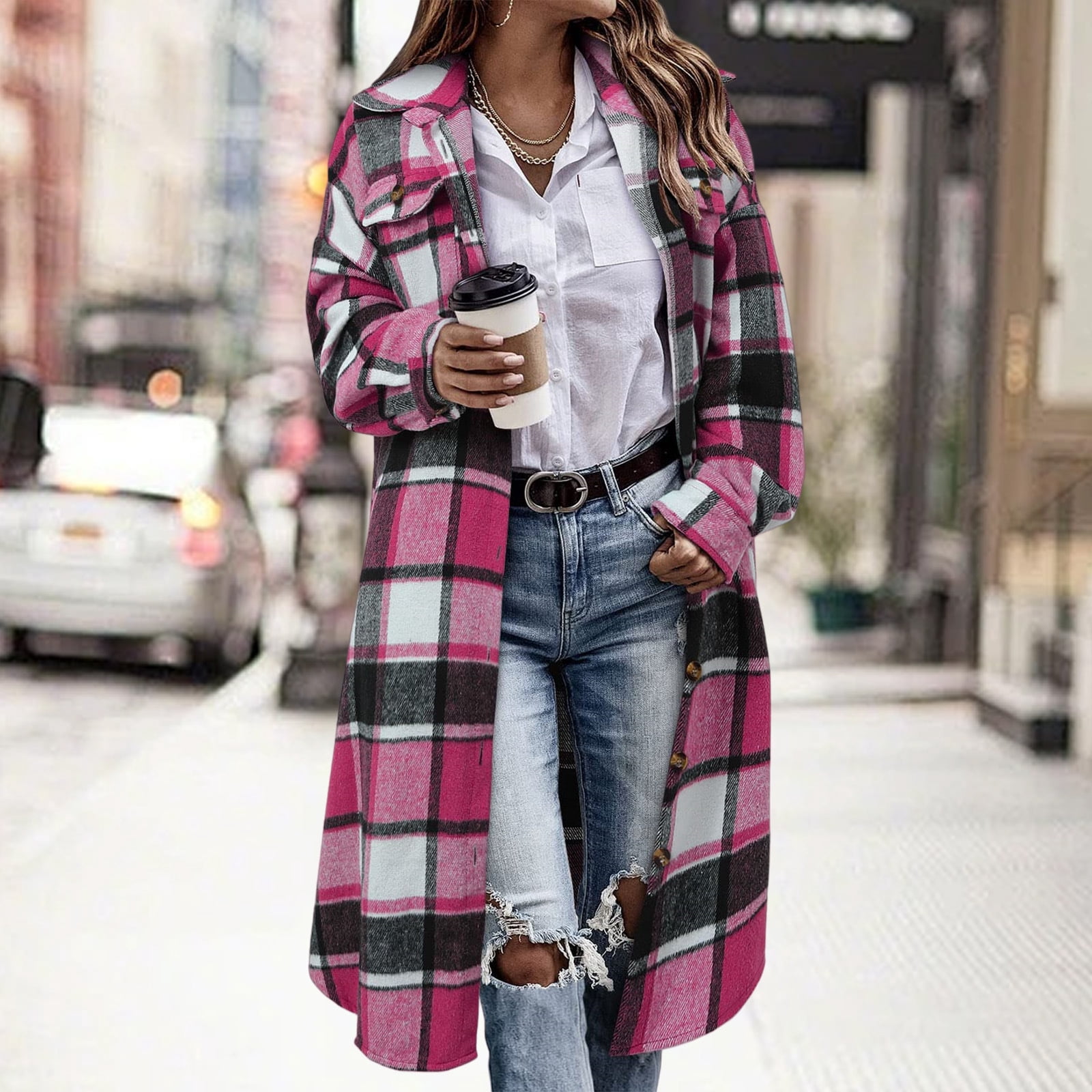 QHRMKOG Long Flannel Shirt Women Winter Plaid Button Down Shackets Warm ...