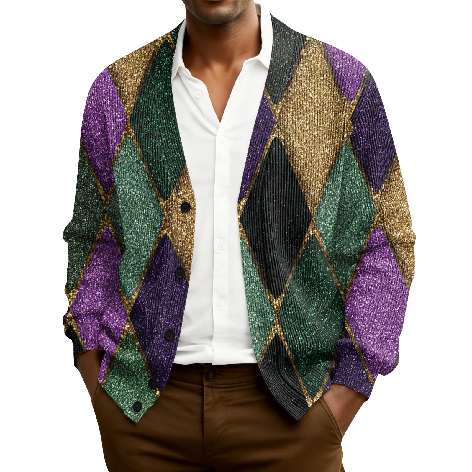 QHRMKOG Mens Cardigan Sweater Loose Fit Long Sleeve Mardi Gras Carnival ...