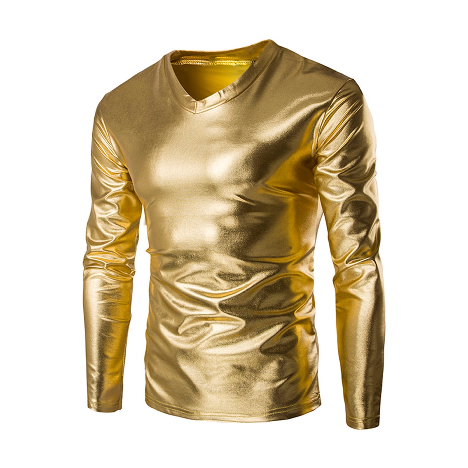 QHRMKOG Mens Shirts Solid Color Patent Leather Metallic Tunic Tops Slim ...