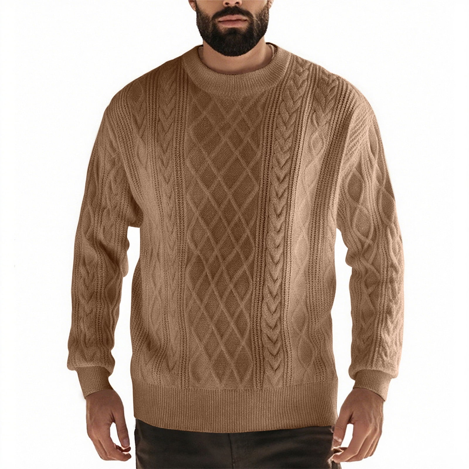 QHRMKOG Mens Sweater Winter Basic Color Long Sleeve Crew Neck Cable ...