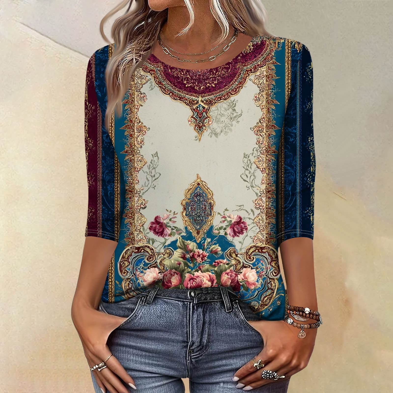 QHRMKOG Womens Blouse Vintage Floral Element 3/4 Length Sleeve Tshirt ...