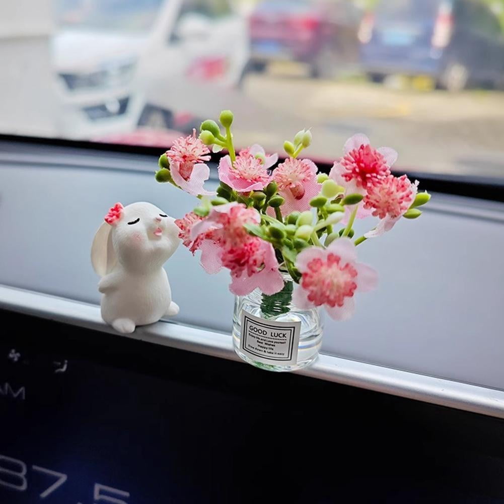 QHUDLV Cute Bunny & Flower Vase Ornament,Car Rearview Mirror Decor ...