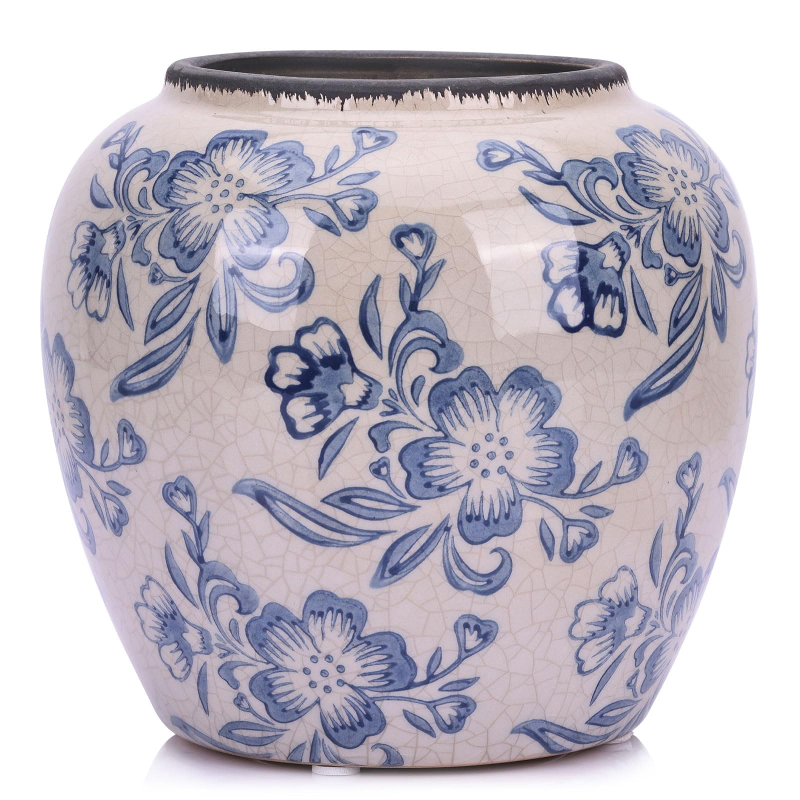 QIANLING Blue and White Floral Vase - 6.7"" Vintage Pottery Vase for ...