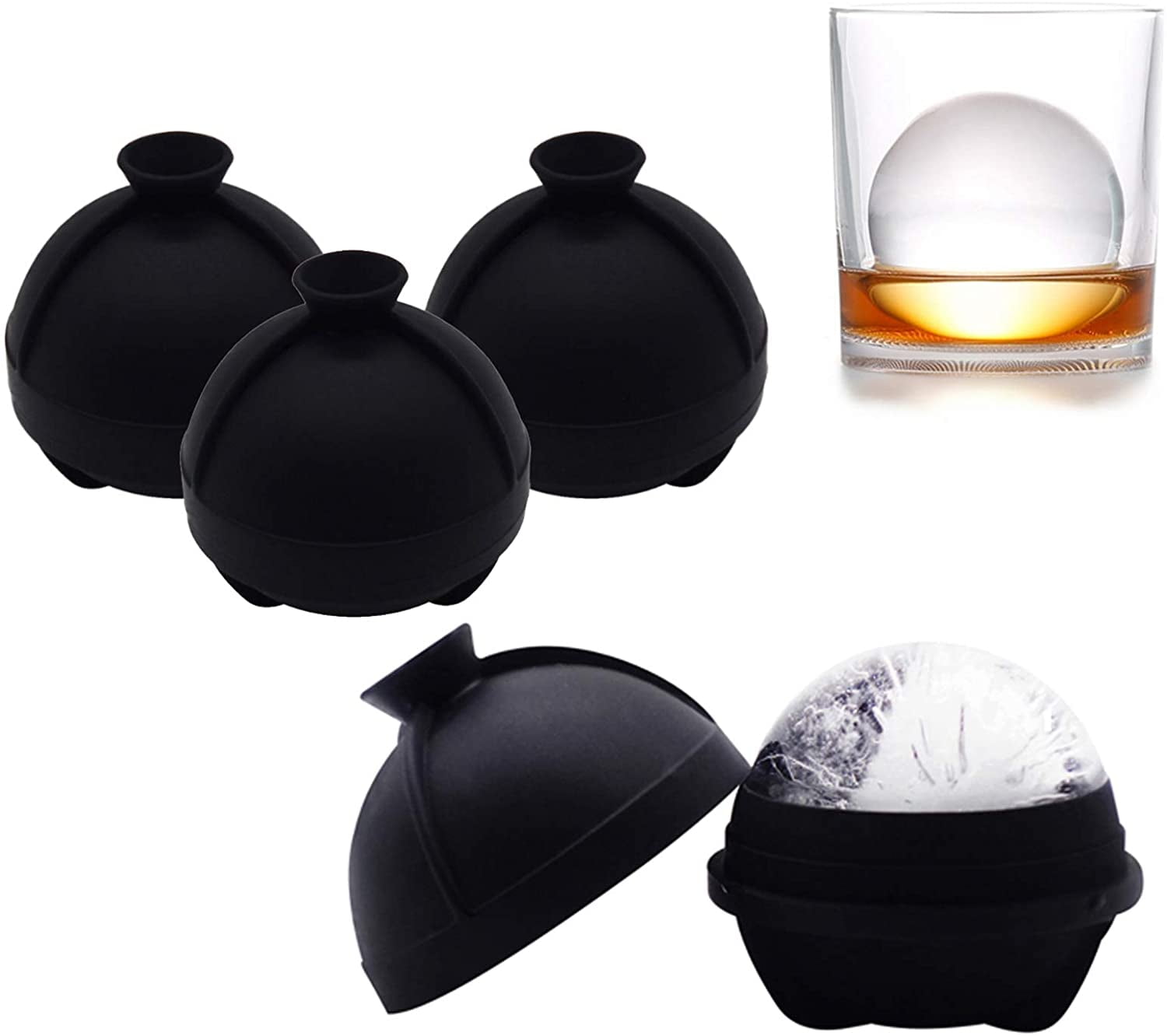 QIANSHUO Ice Ball Molds 4 Pack - Whiskey Ice Mold with Built-in Funnel ...