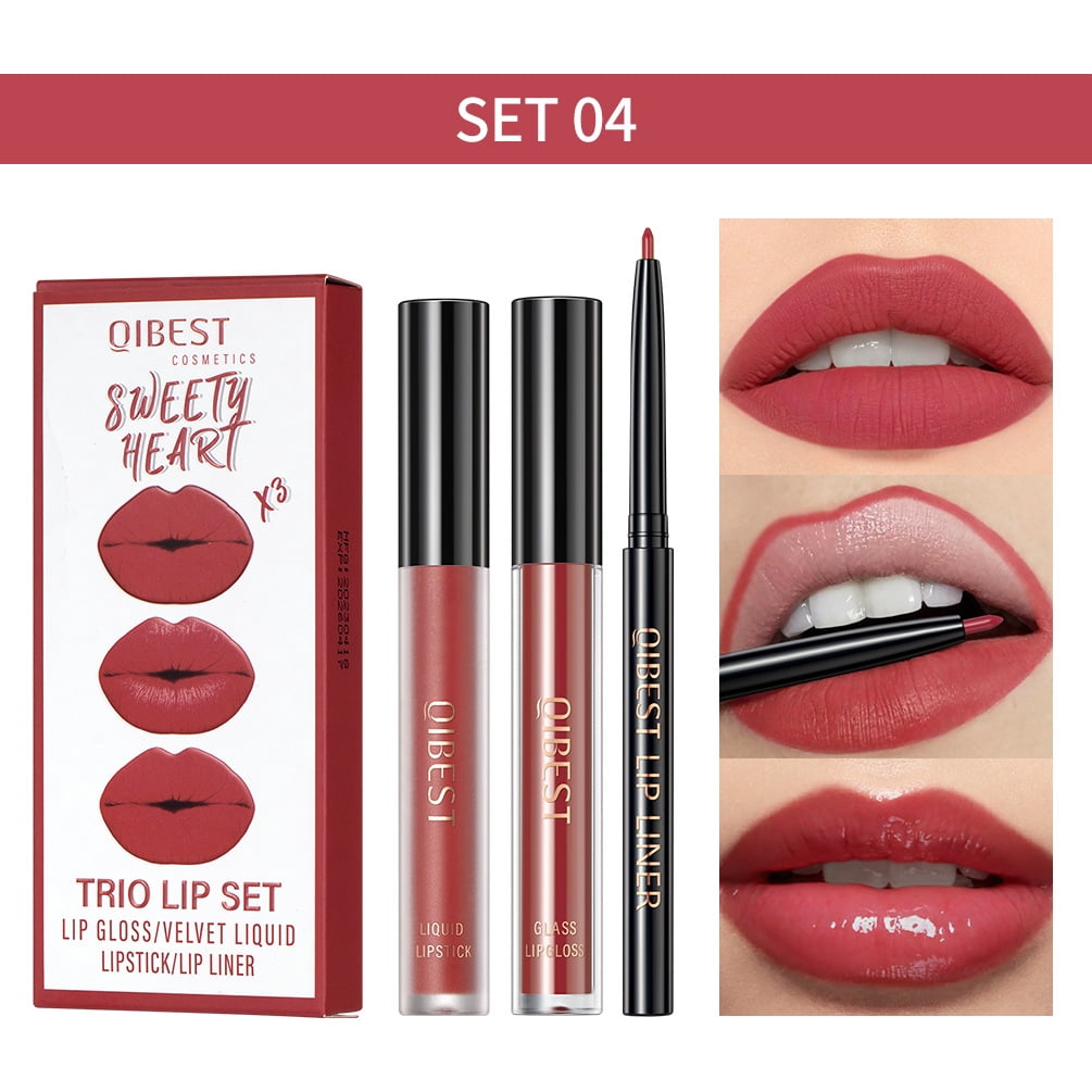 QIBEST 2023 New 3pcs Liquid Lipstick + Lip Liner Set Makeup Nude Velvet Lip Gloss Lip Tint Long ...