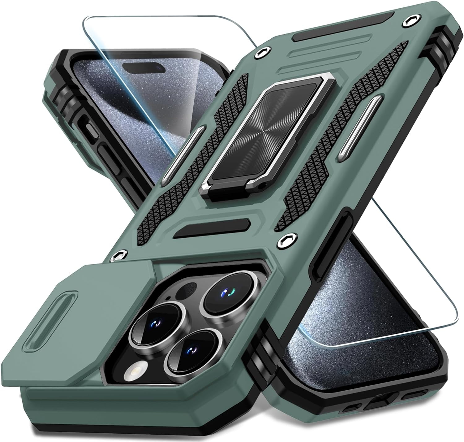 QICICI-Case For Iphone 15 Pro Max With Slide Camera Cover+Screen Protector(1 Pack), Rotated Ring ...