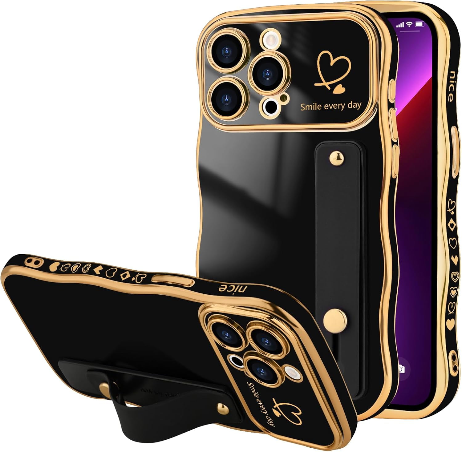 QICICI-For Iphone 13 Pro Max Case For Women Girls With Strap, Wave Frame Cute Love-Heart Plating ...