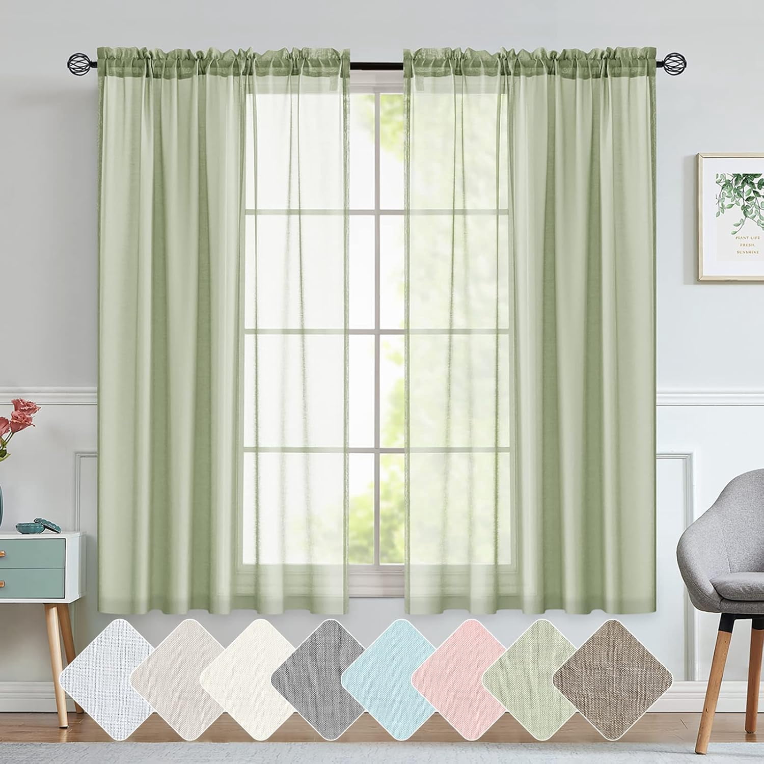 QICICI-Sheer Curtains For Living Room, Green Solid Voile Airy Curtains ...