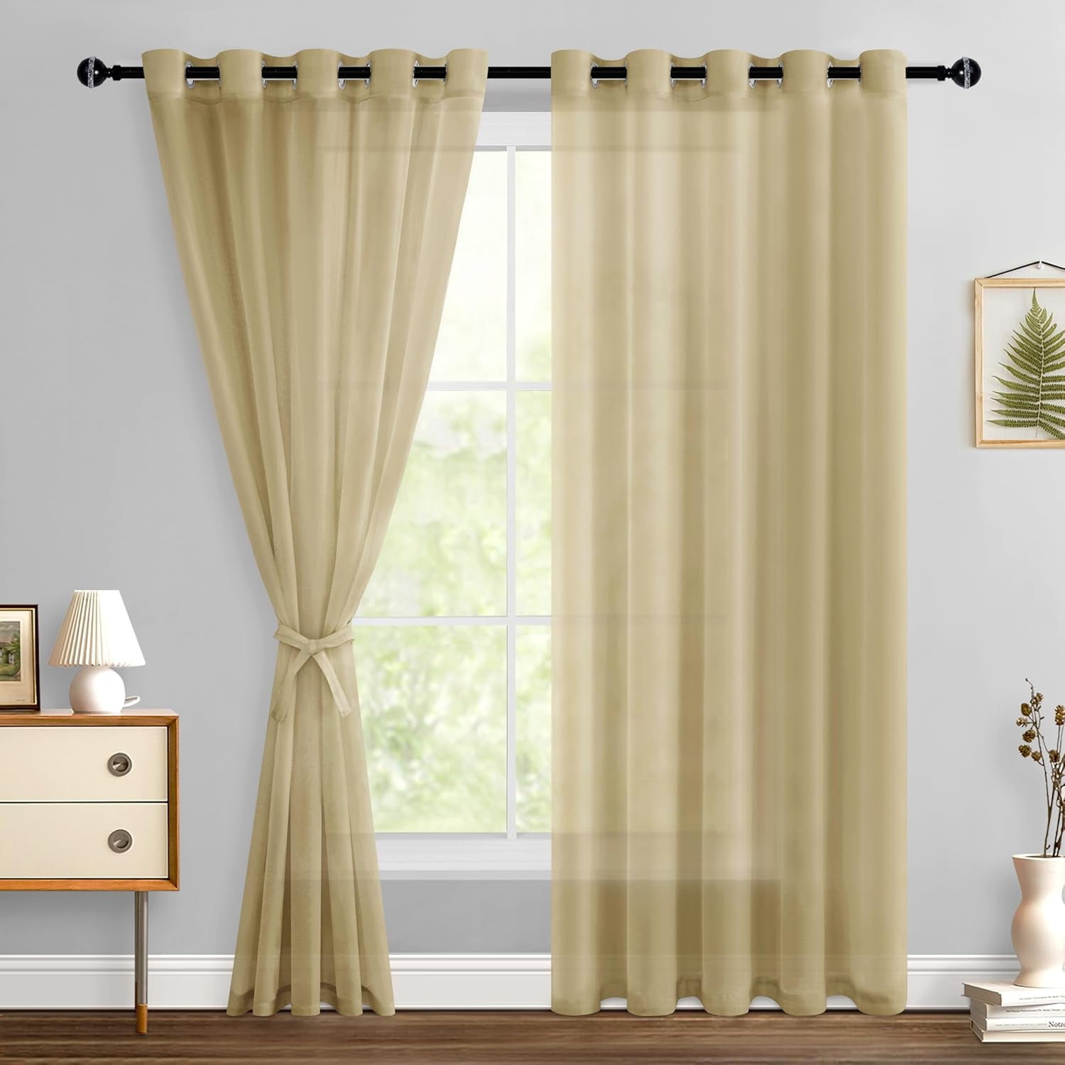 QICICI-Taupe Sheer Curtains For Bedroom With Tiebacks, Grommet Light ...