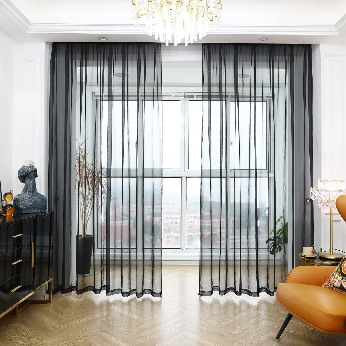 QICICI-Window Sheer Black Curtains 145 Inches Long 2 Panels Black Sheer ...