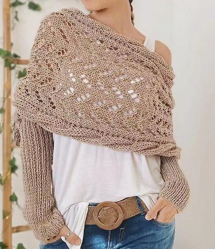 Long Knitted Shawl Scarf with Sleeves Cable Knit Wrap Sweater for Women ...
