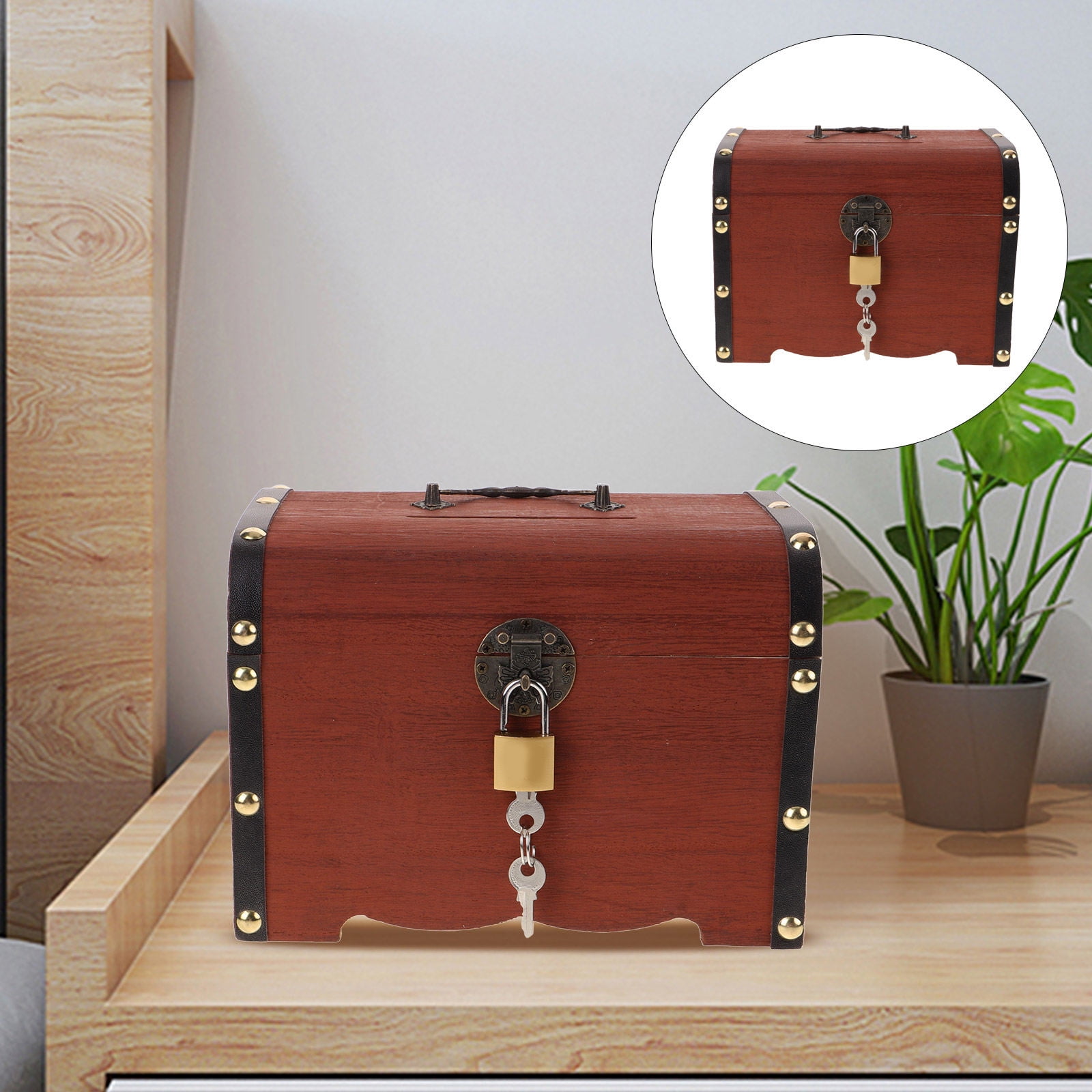 QIFULL Brown Solid Wood Money Box with Lock Large Coin and Jewelry ...