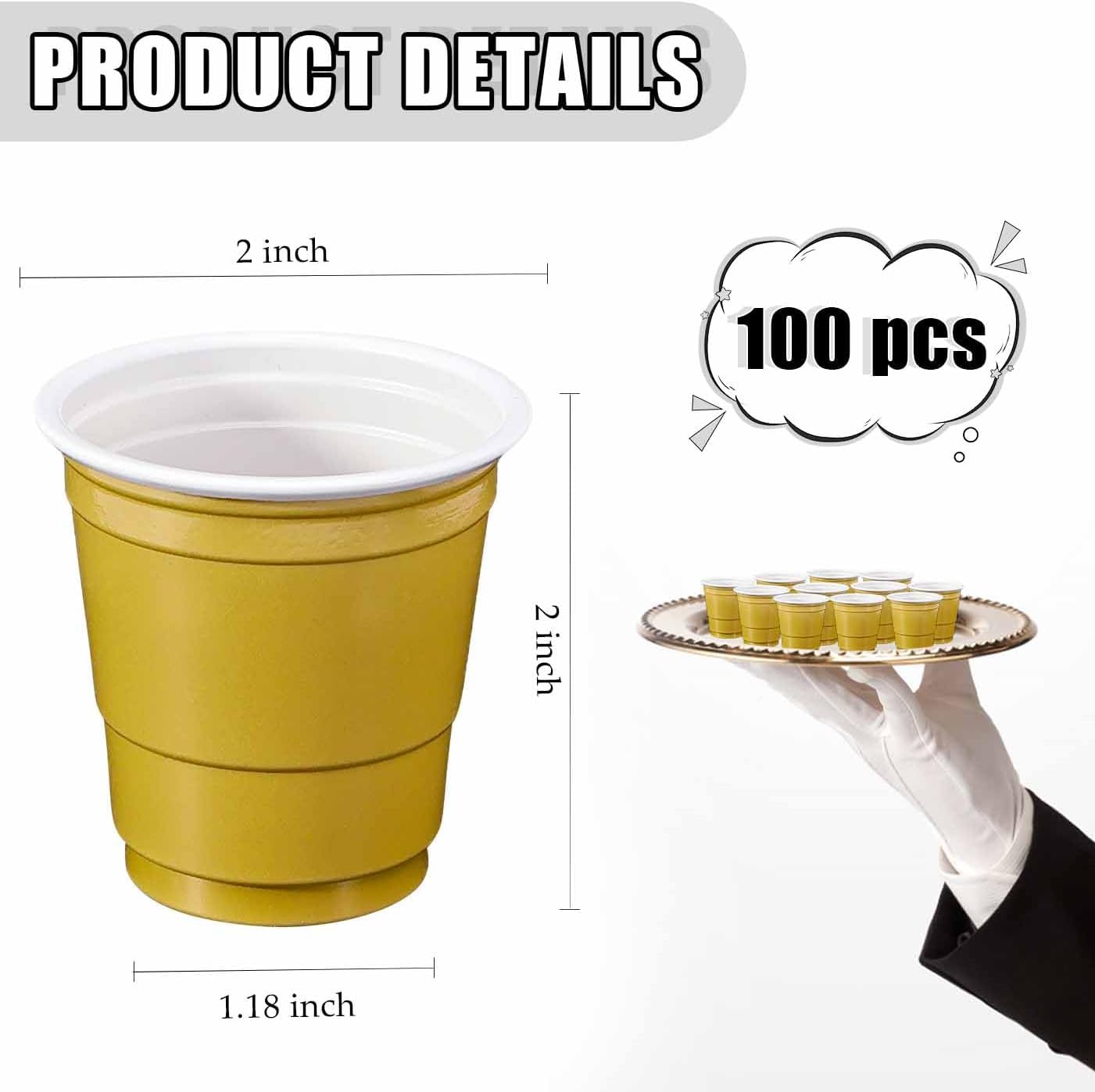 QIHE-100 Pack 2 oz Gold Plastic Shot Cups Disposable Shot Glasses Mini ...