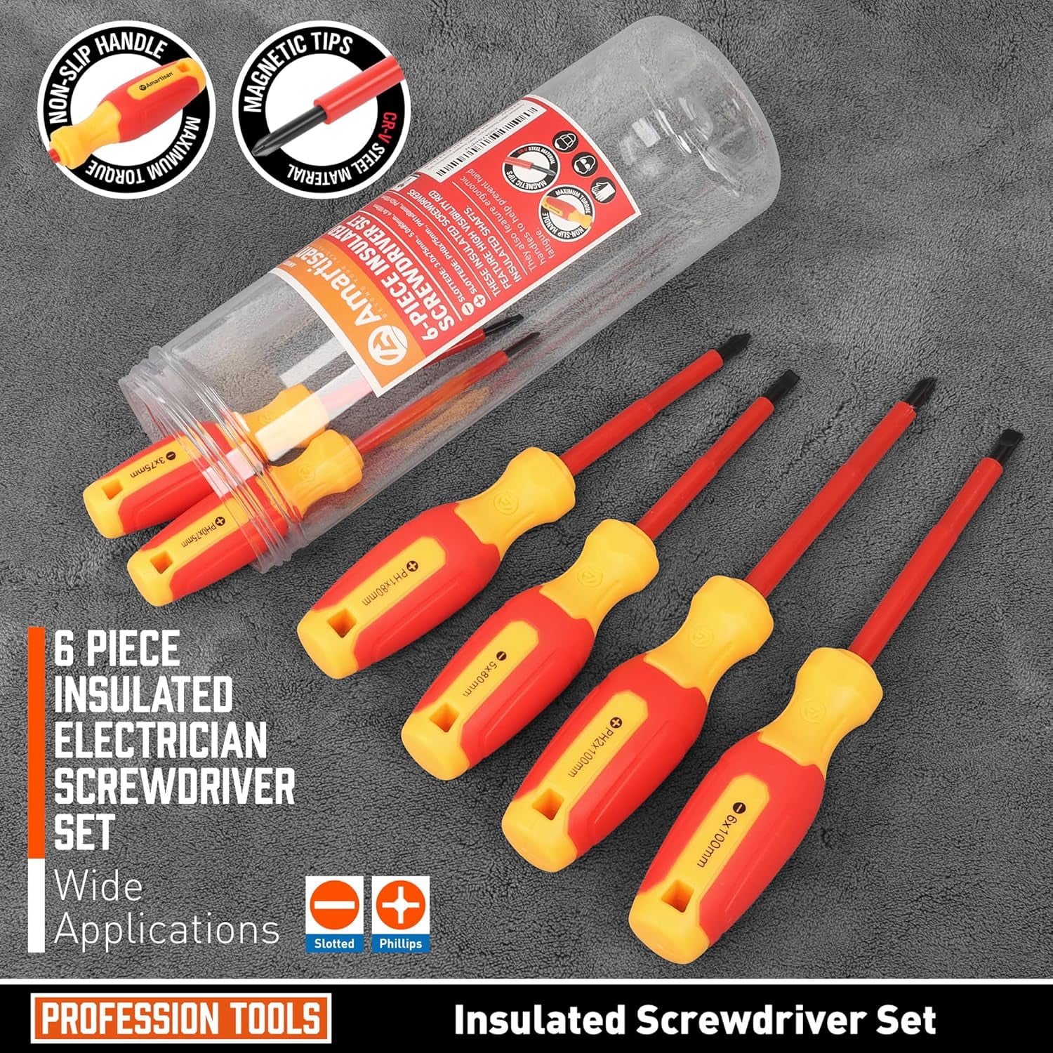 QIHE-1000V Insulated Electrician Screwdriver Set 6-Piece, 3 Phillips ...