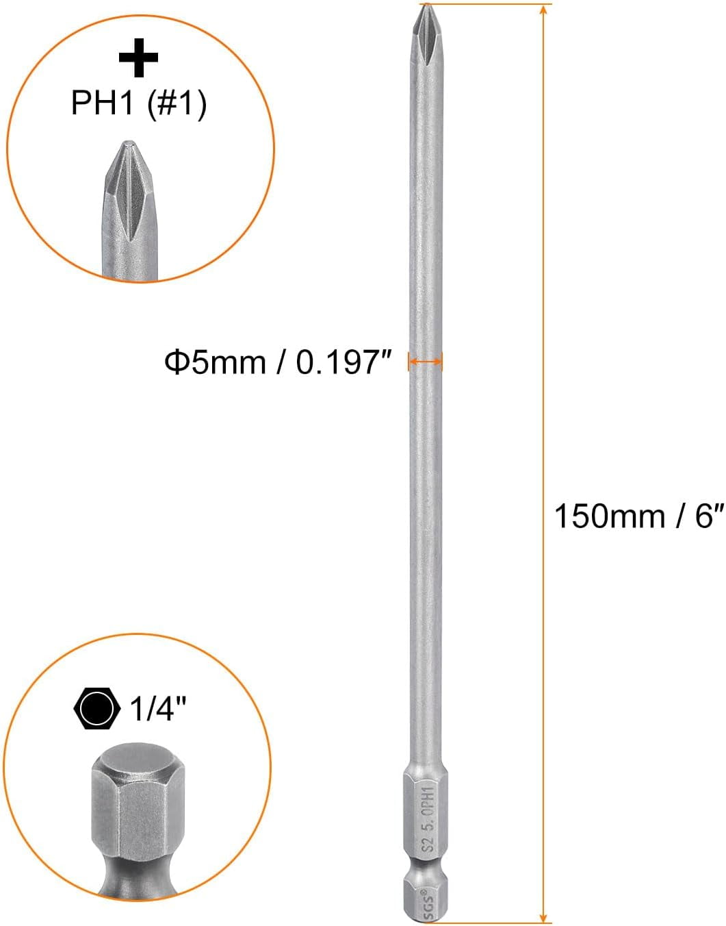 QIHE-10pcs #1 Phillips Screwdriver Bit PH1 1/4" Hex Shank 6" (150mm ...