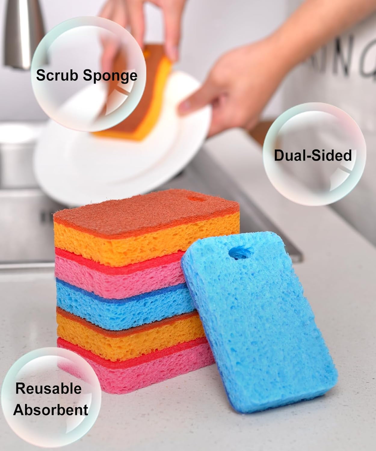 QIHE-12-Count Scrub Sponges Kitchen Sponge Heavy Duty, Cellulose ...