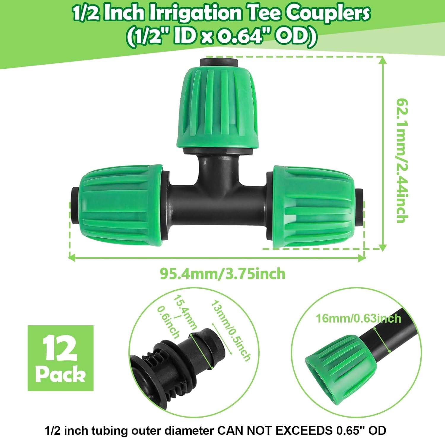 QIHE-12 Pack 1/2 Inch Drip Irrigation Tee (1/2" ID x 0.65" OD), Drip ...