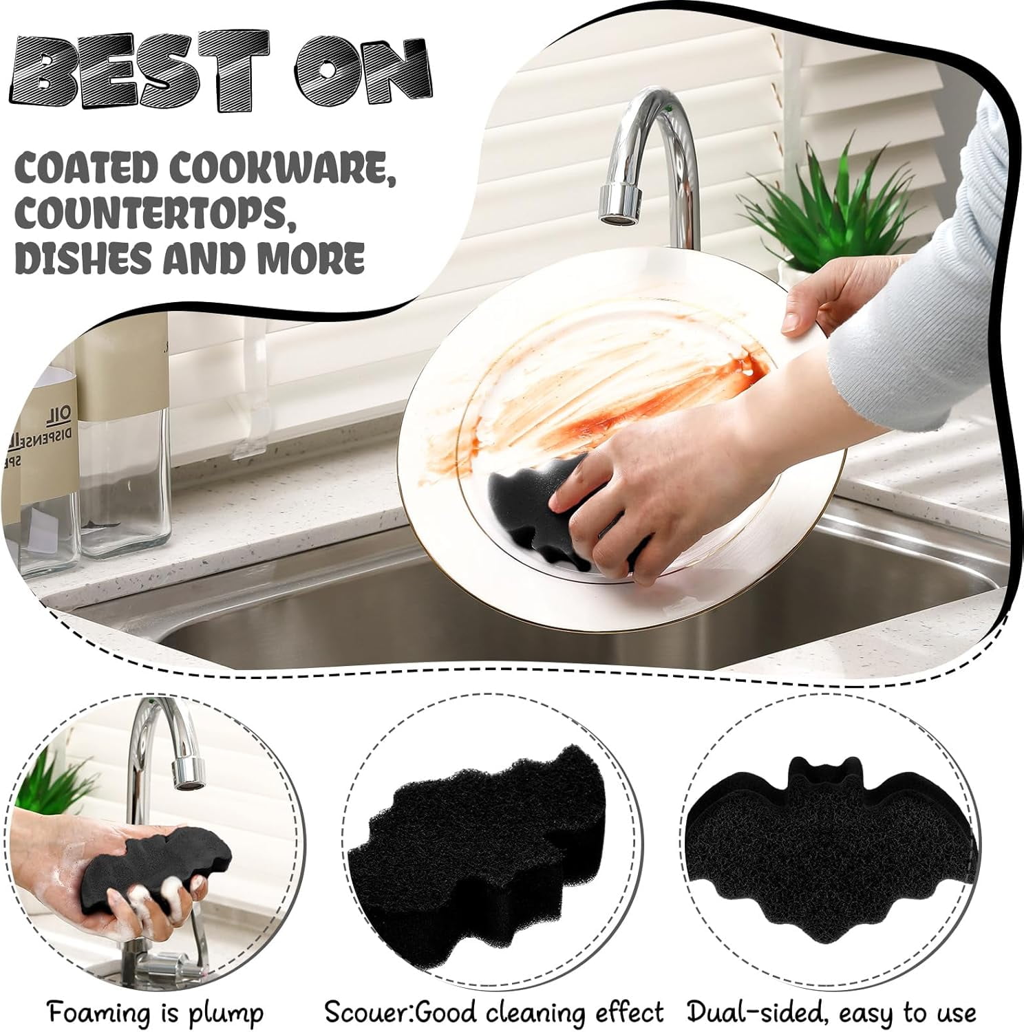 QIHE-12 Pack Bat Sponges Kitchen Bulk Dual Sided Scrubber Halloween ...