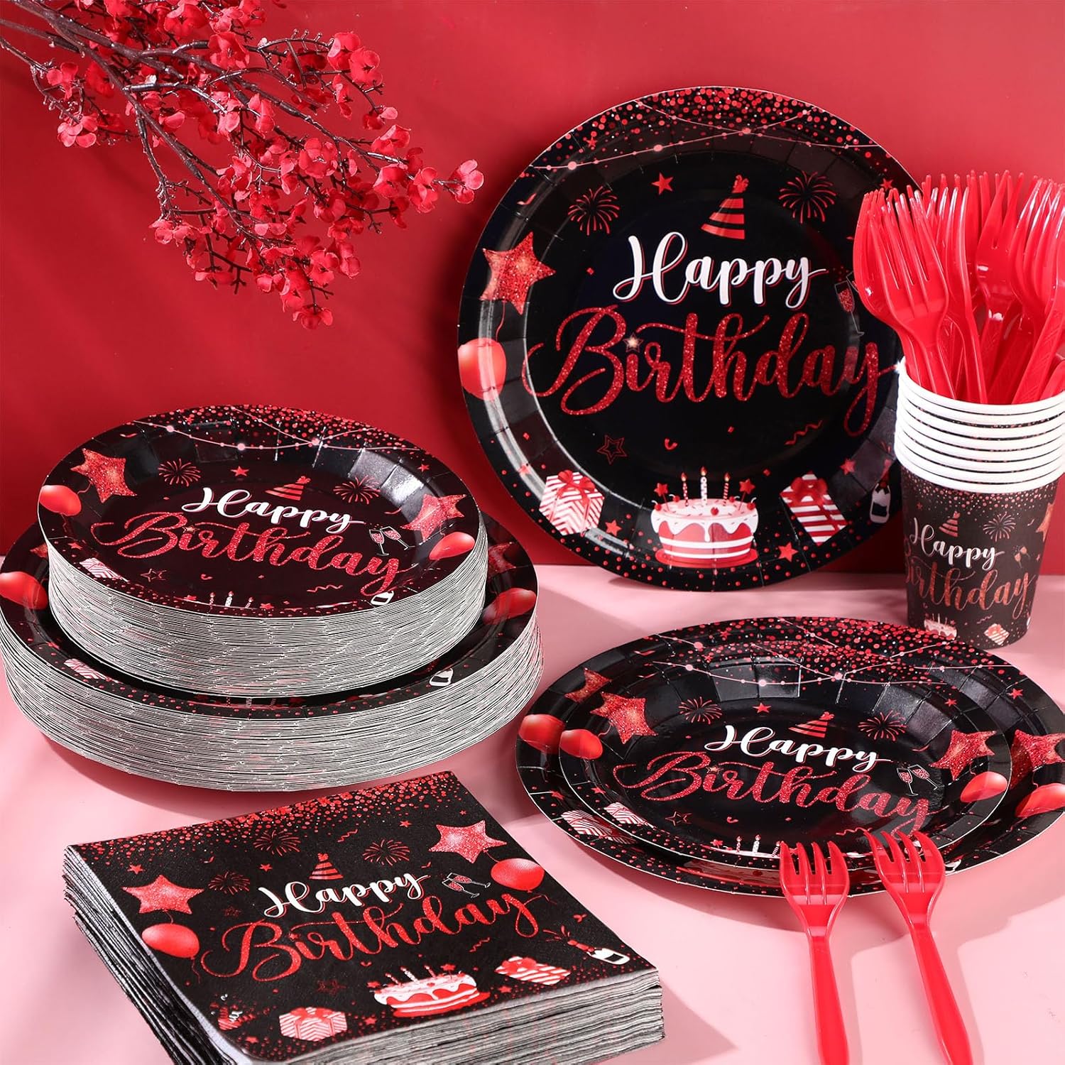 QIHE-120 Pcs Happy Birthday Plates and Napkins, 24 Guest Birthday Party ...