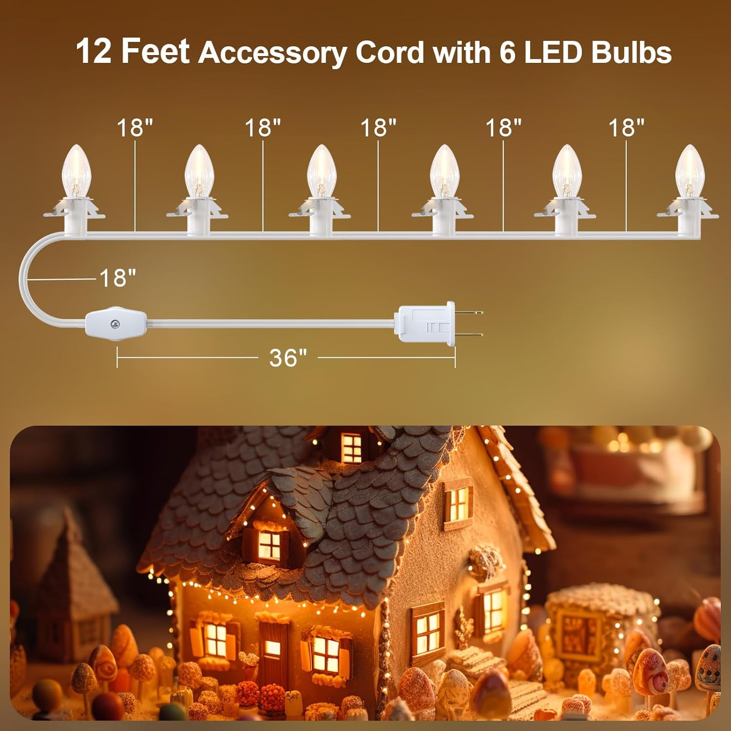 QIHE-12ft Accessory Cord with 6 LED Light Bulbs, Christmas Village ...