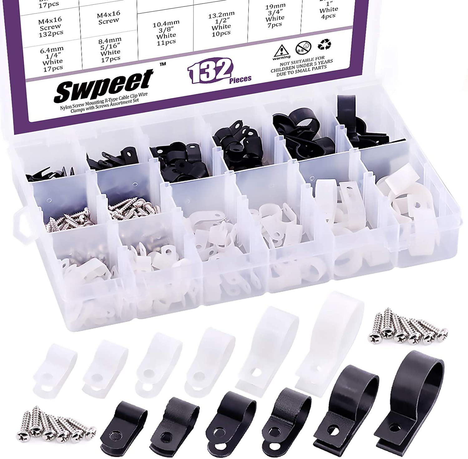 QIHE-135 Pack 6 Sizes White+Black Nylon Plastic R-Type Cable Clips ...