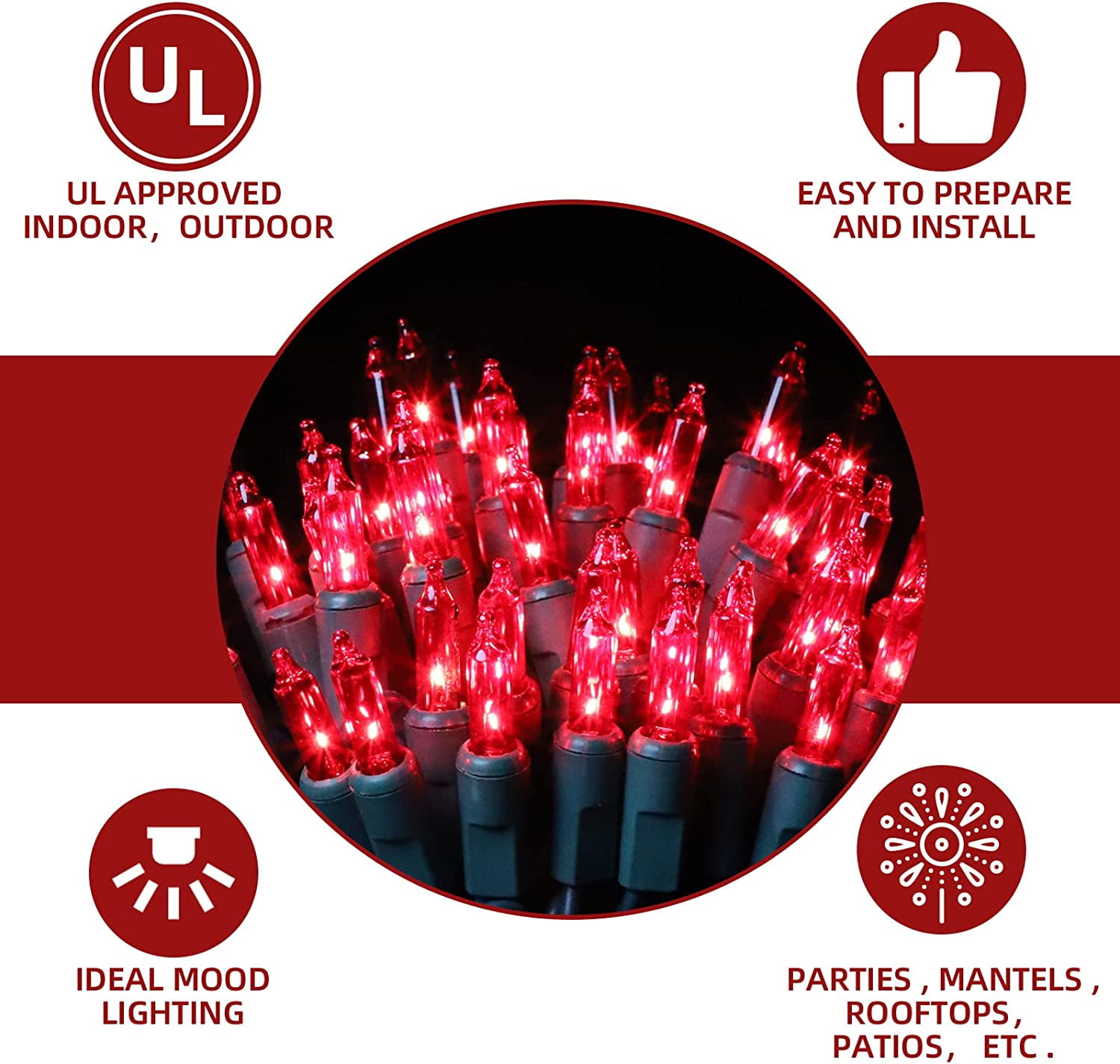 QIHE-19.6ft Green Wire RED String Lights, 100 Count Incandescent ...