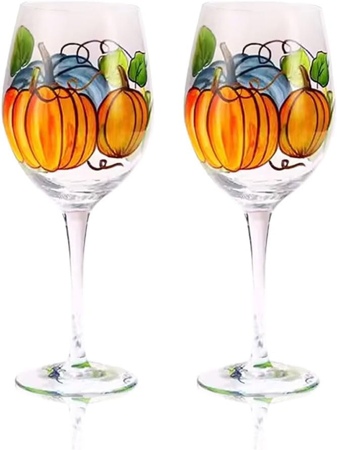 QIHE-2 Pack Hand Painted Pumpkin Fall Thanksgiving Wine Glasses Fall ...