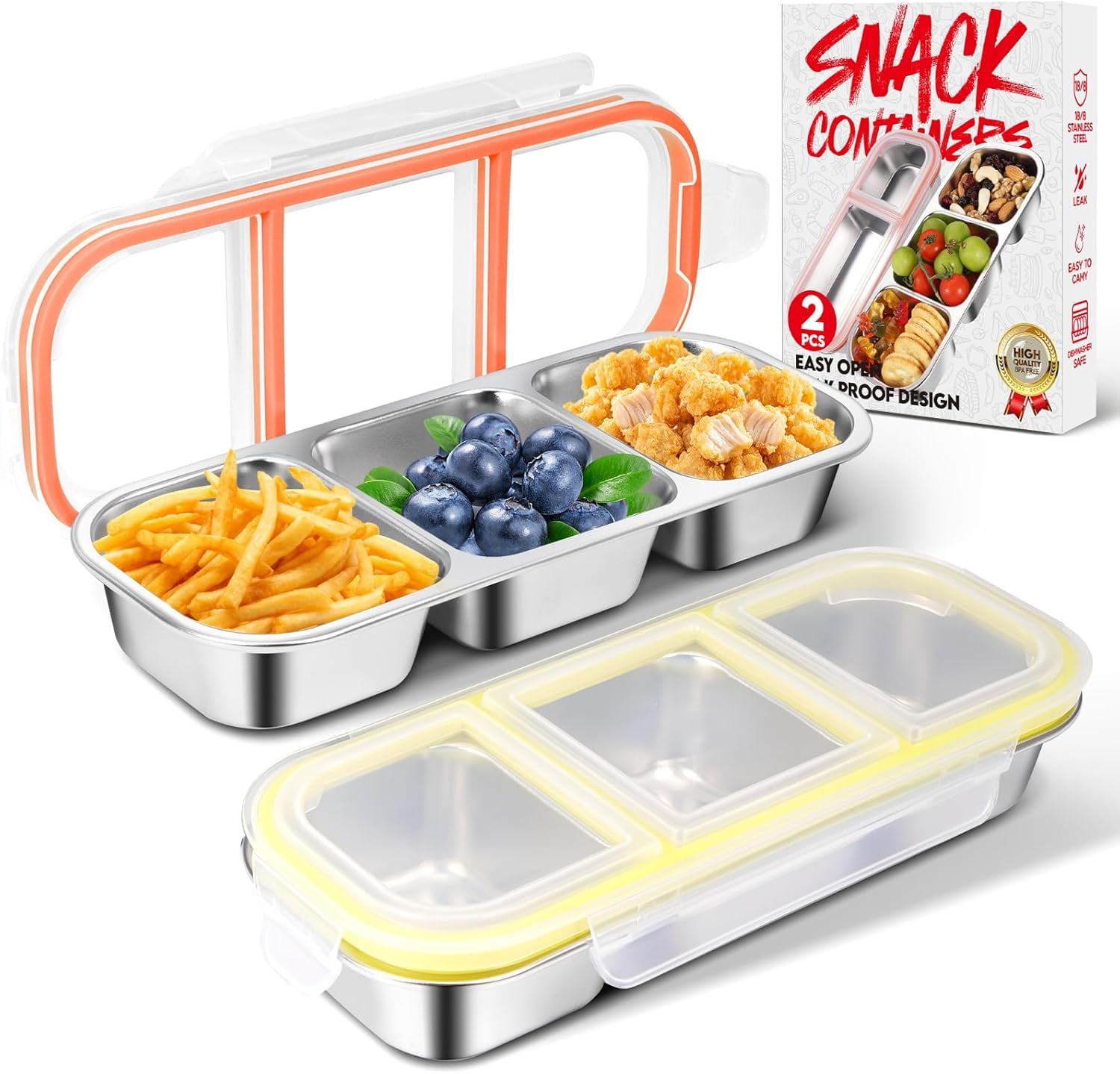 QIHE-2 Pack Stainless Steel Snack Containers with Lids - Reusable 3 ...