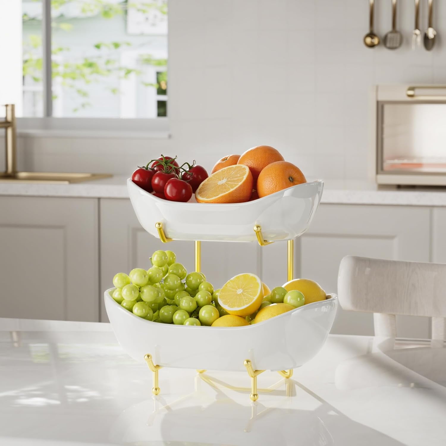 QIHE-2 Tier Ceramic Fruit Bowl with Metal Stand – Tiered Fruit Stand ...