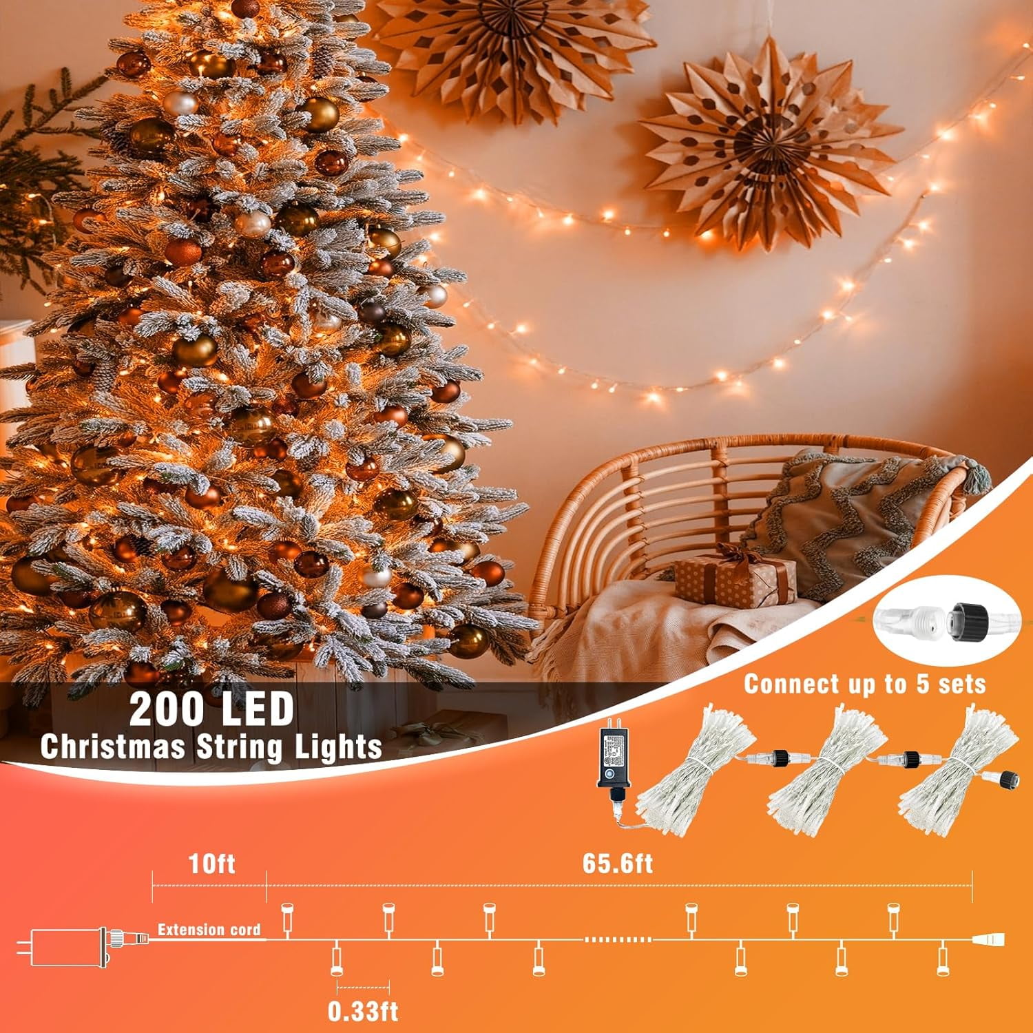QIHE-200 LED Orange Christmas Lights Outdoor Waterproof 66ft Christmas ...